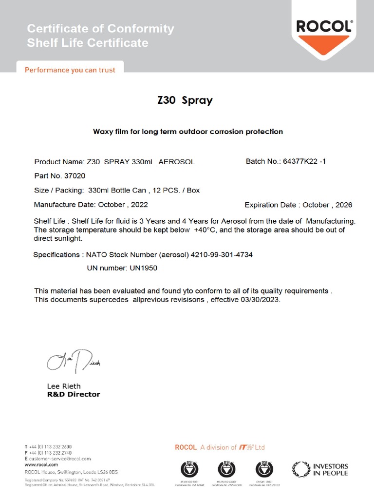 Certificate of Conformity - ROCOL - Z30 | PDF