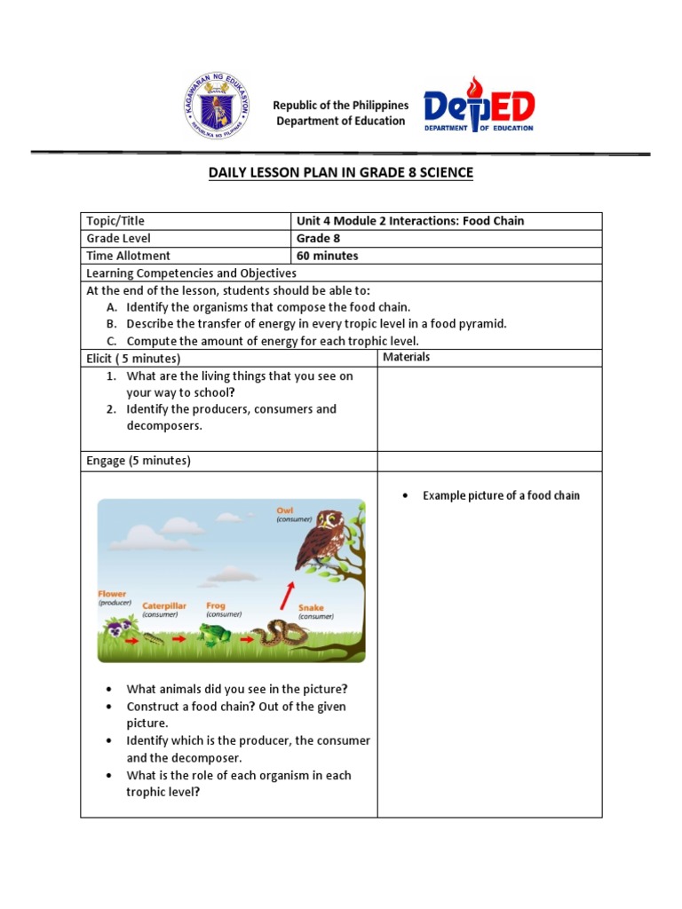 Daily Lesson Plan in Grade 8 Science: Unit 4 Module 2 Interactions: Food Chain Grade 8 60 ...