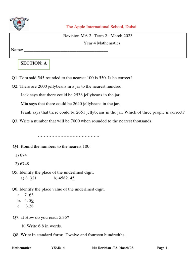 Math_Yr4_MA2_Revision Paper | PDF | Length | Mathematics