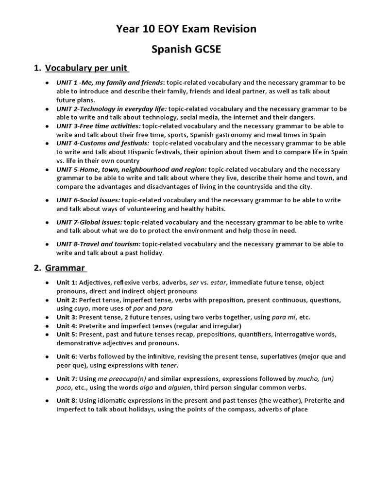 Spanish GCSE Year 10 Exam Guide | PDF | Grammatical Tense | Verb