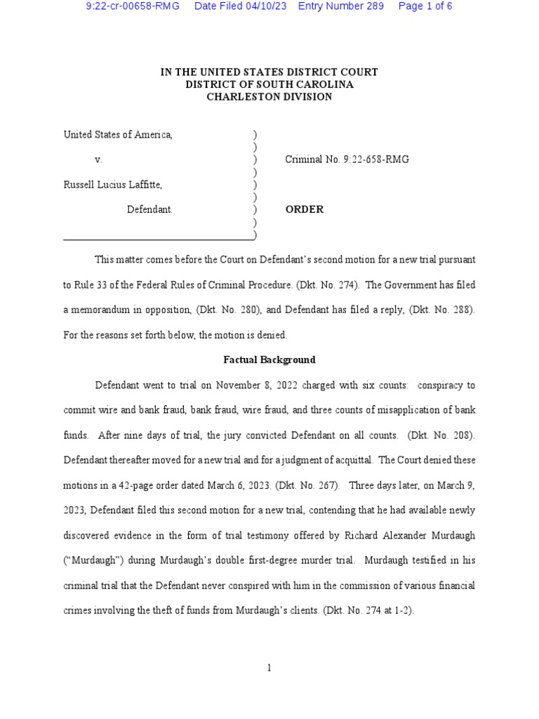 Laffitte 2nd Retrial Motion Denied | PDF | Fifth Amendment To The ...