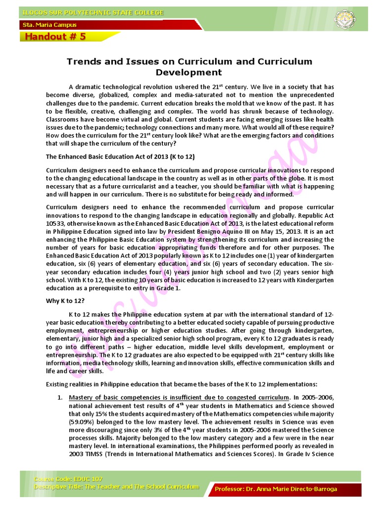 Trends and Issues On Curriculum and Curriculum Development: Handout # 5 ...