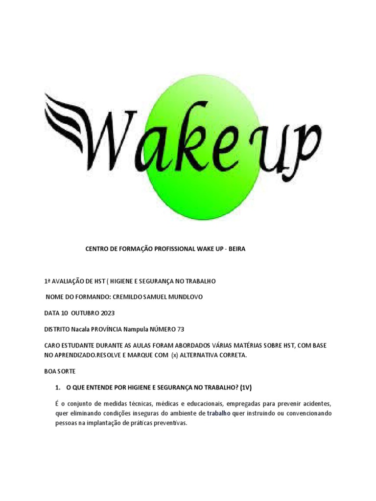 Relatório da Primeira Avaliação de Higiene e Segurança no Trabalho do ...