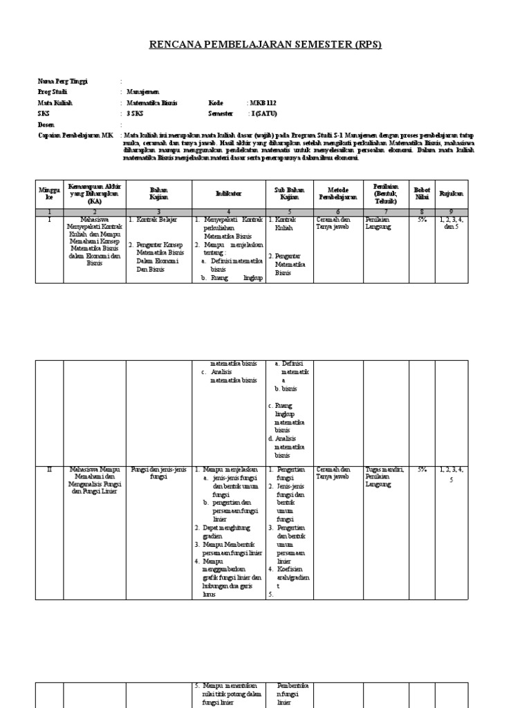 RPS Matematika Bisnis | PDF