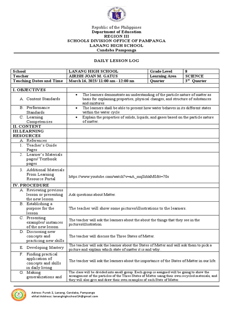 States of Matter Lesson Plan | PDF | Matter | Learning