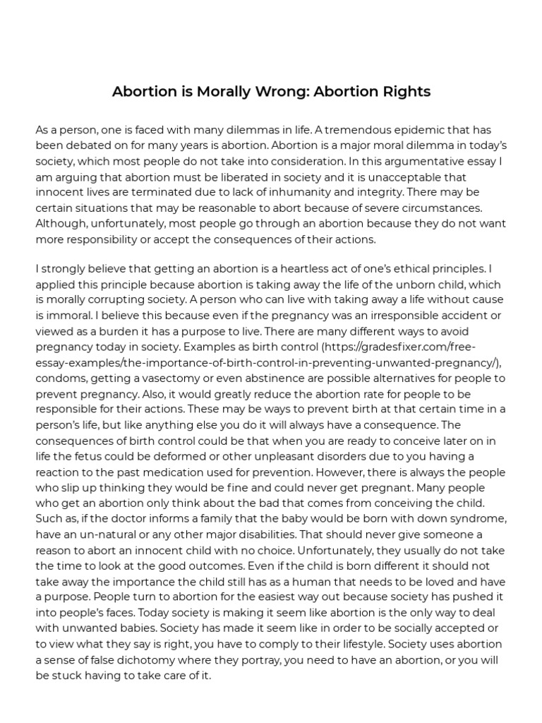 Abortion Is Morally Wrong - Abortion Rights - (Essay Example), 1210 ...