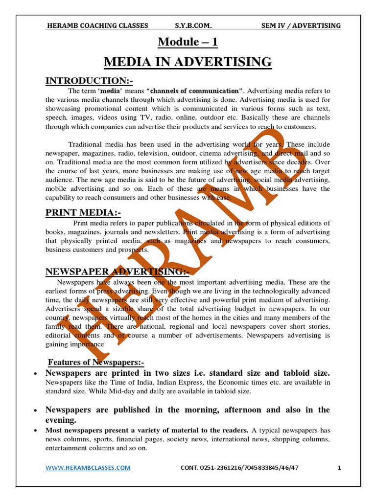 Media in Advertising: Module - 1 | PDF | Online Advertising | Newspapers