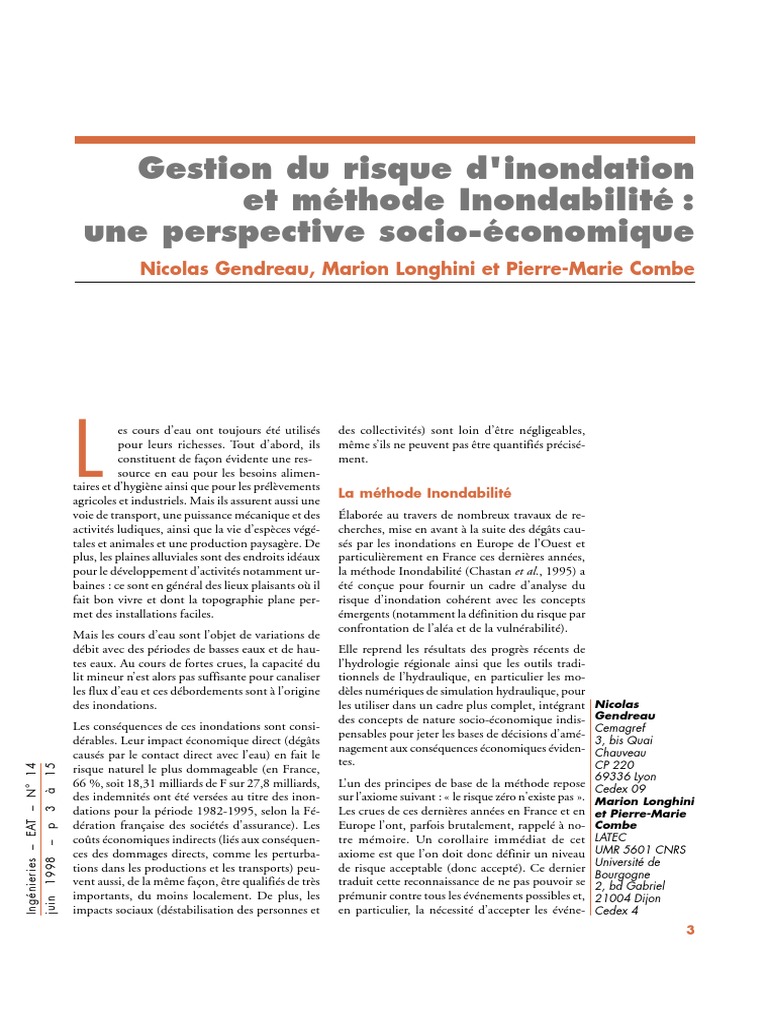 Gestion Du Risque D'inondation Et Méthode Inondabilité: Une Perspective Socio-Économique ...