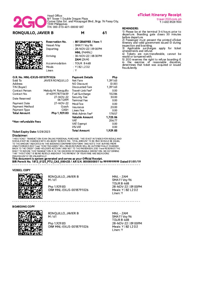 2GO Travel - Itinerary Receipt | PDF | Ticket (Admission) | Fee