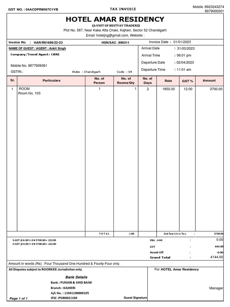 Hotel Amar Residency: Tax Invoice | PDF | Taxes | Government Finances