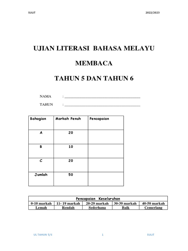 Ujian Literasi Bm Tahun 6 Membaca Pdf