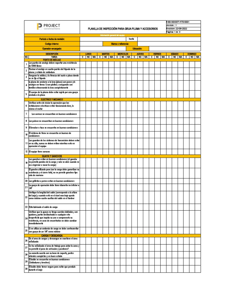 Planilla de Inspección para Grua Pluma Y Accesorios: REG:SGSST-ATS-0001 ...