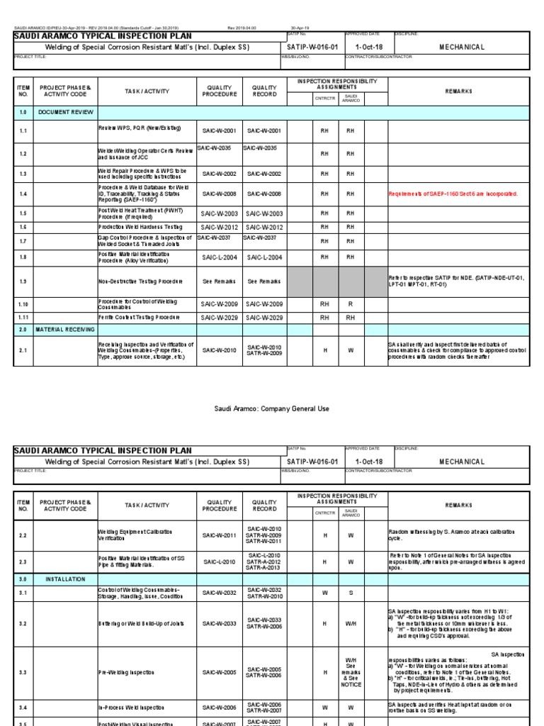 Saudi Aramco Typical Inspection Plan | PDF | Construction | Welding