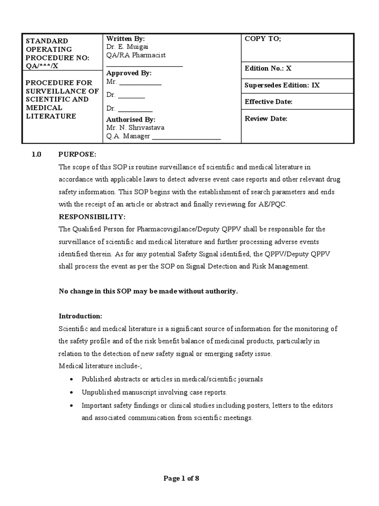 Standard Operating Procedure For Literature Serches | PDF | Pharmacovigilance | Adverse Effect