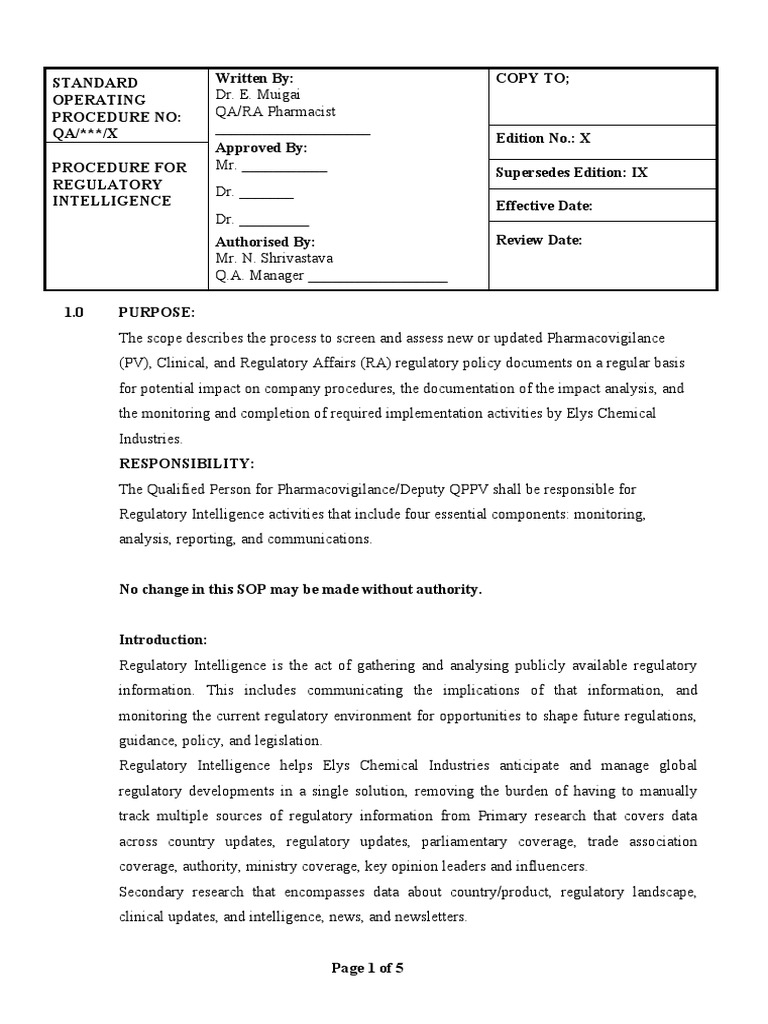 Regulatory Intelligence SOP Overview | PDF | Regulatory Compliance ...