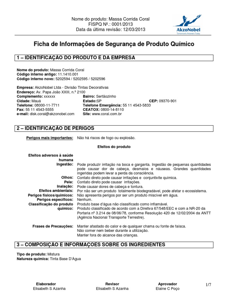 Ficha de Informações de Segurança de Produto Químico: 1 - Identificação ...