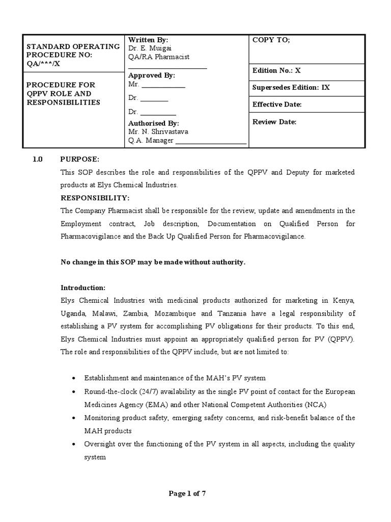 Standard Operating Procedure For QPPV Role and Responsibilities | PDF ...