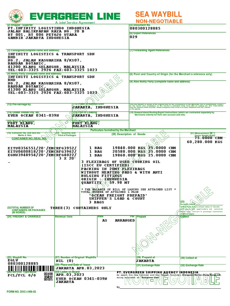 Sea Waybill: Non-Negotiable | PDF | Cargo | Freight Transport