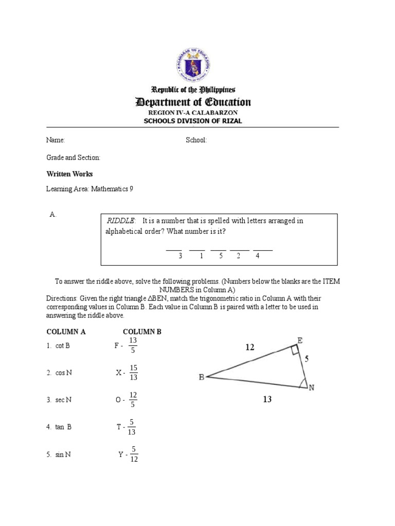 Q4 - WEEK1 - WW For G9 | PDF | Triangle | Trigonometric Functions