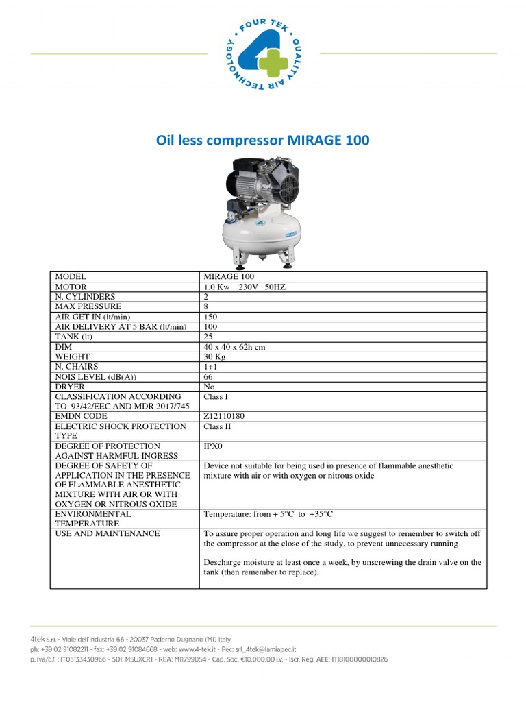 Oil Less Compressor MIRAGE 100: Proper Operation and Long Life We ...