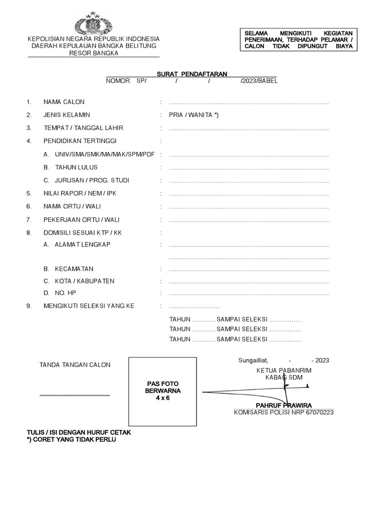Surat Pendaftaran Rim Anggota Polri 2023 | PDF