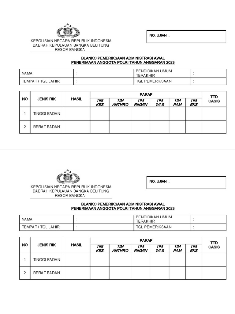 Blangko Ceklis TB BB Rim Anggota Polri 2023 | PDF