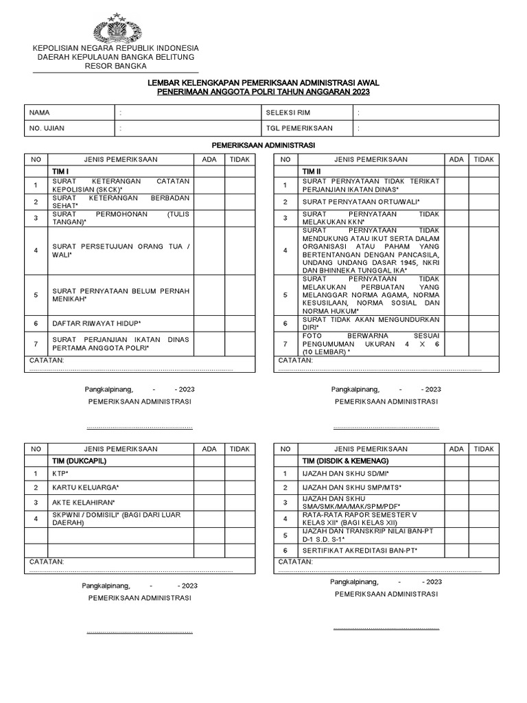 Blangko Ceklis Berkas Adm Rikmin Rim Anggota Polri 2023 | PDF