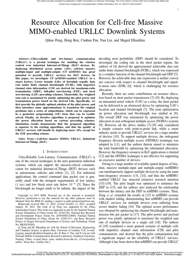 Resource Allocation For Cell-Free Massive MIMO-enabled URLLC Downlink Systems | PDF | Mimo ...