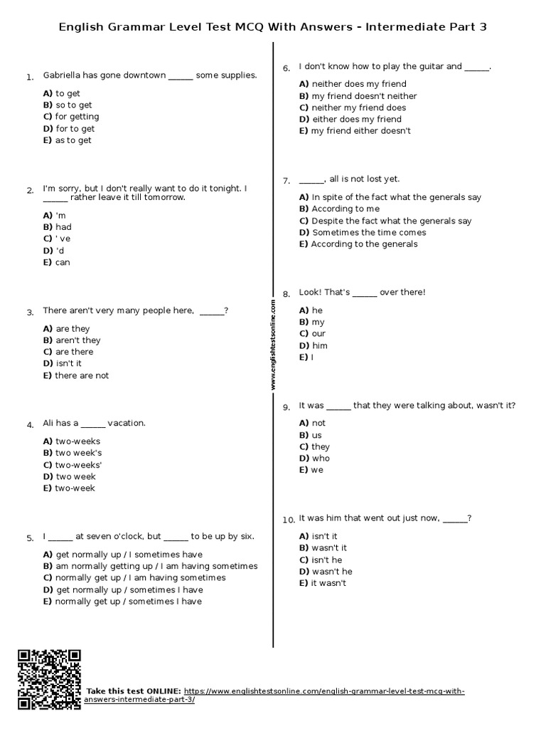 English Grammar Level Test MCQ With Answers - Intermediate Part 3 | PDF