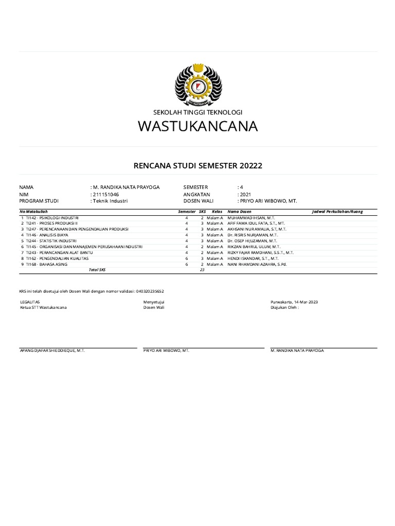Wastukancana: Rencana Studi Semester 20222 | PDF