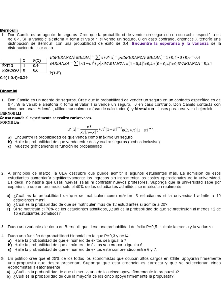 Probabilidades en Distribuciones Bernoulli y Binomial | PDF ...