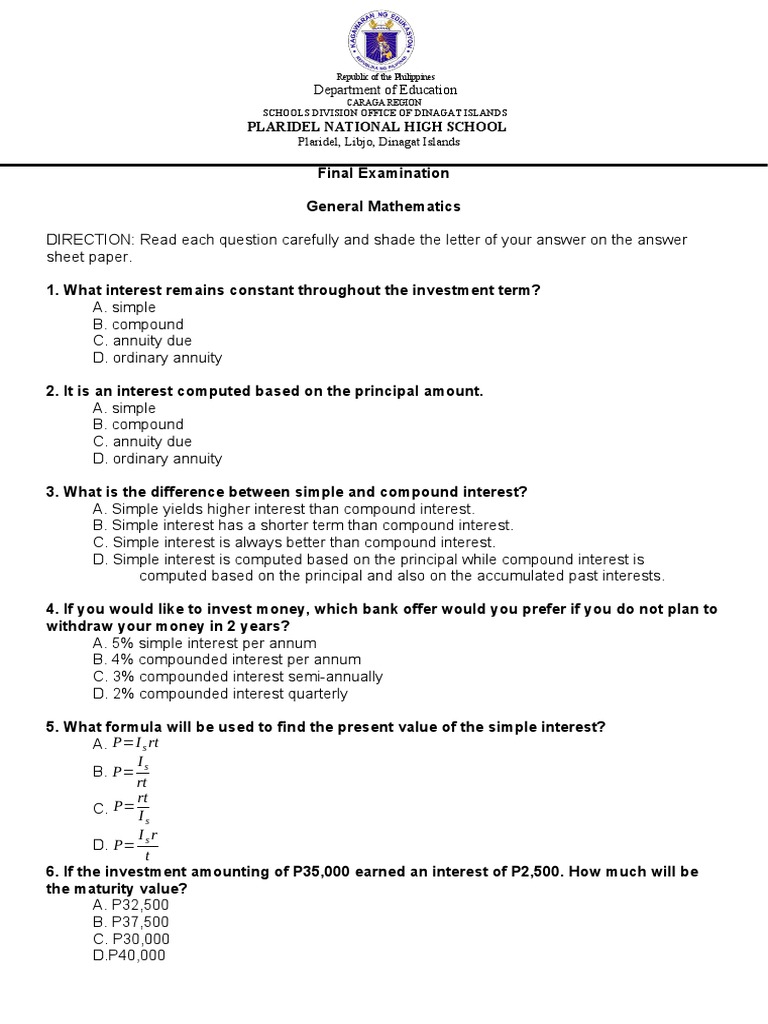 SECOND QUARTER EXAM GenMath | PDF | Loans | Mortgage Loan