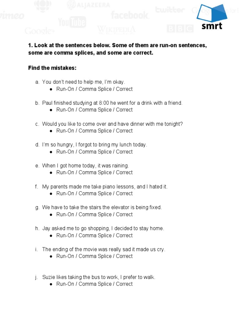 Pre-Smrt - Writing 9-1 - Run-On Sentences & Comma Splices | PDF