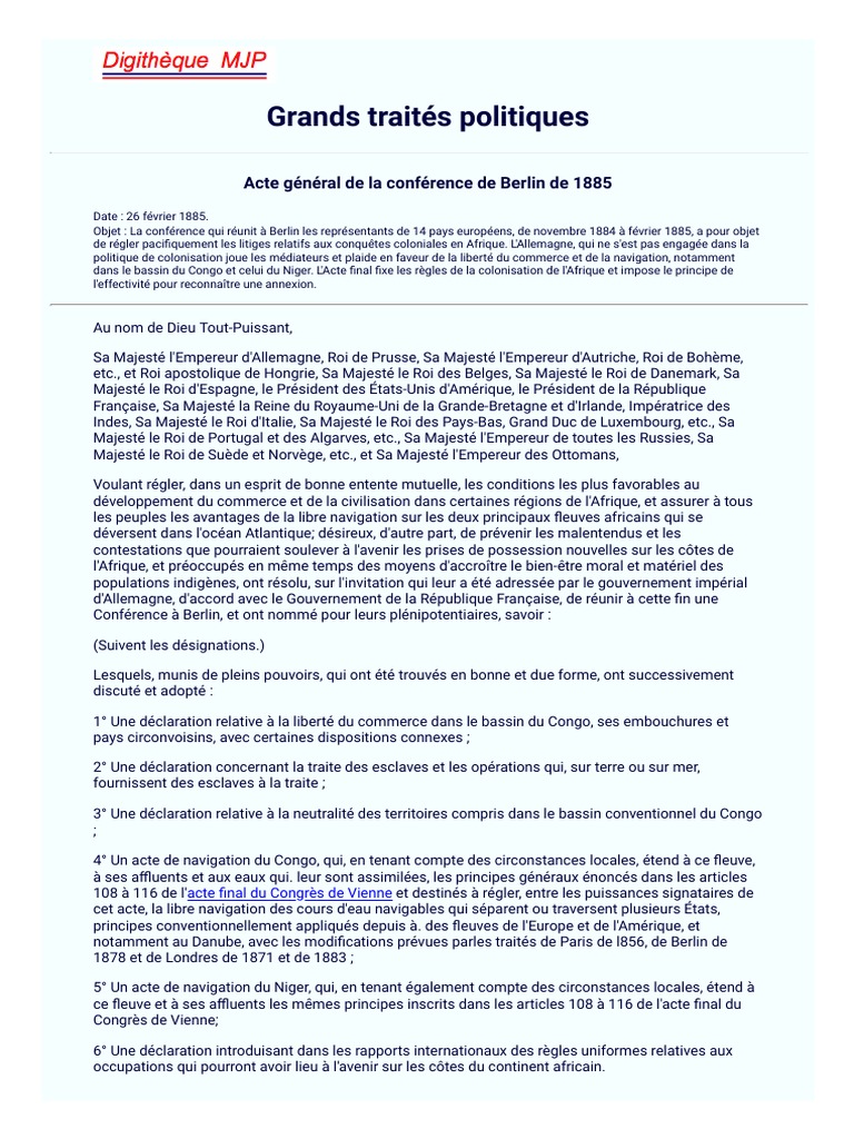 Acte Général de La Conférence de Berlin, 1885, Afr | PDF | Reine ...