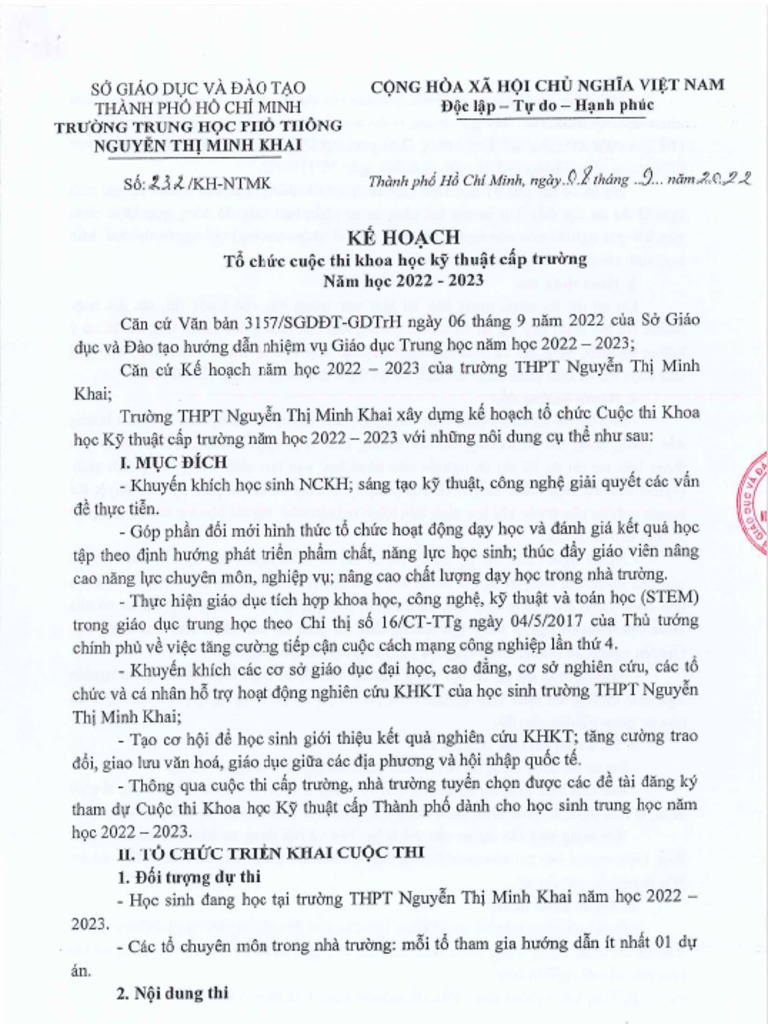 KH Thi KHKT 22 23 - NH 2022 2023 - CT | PDF