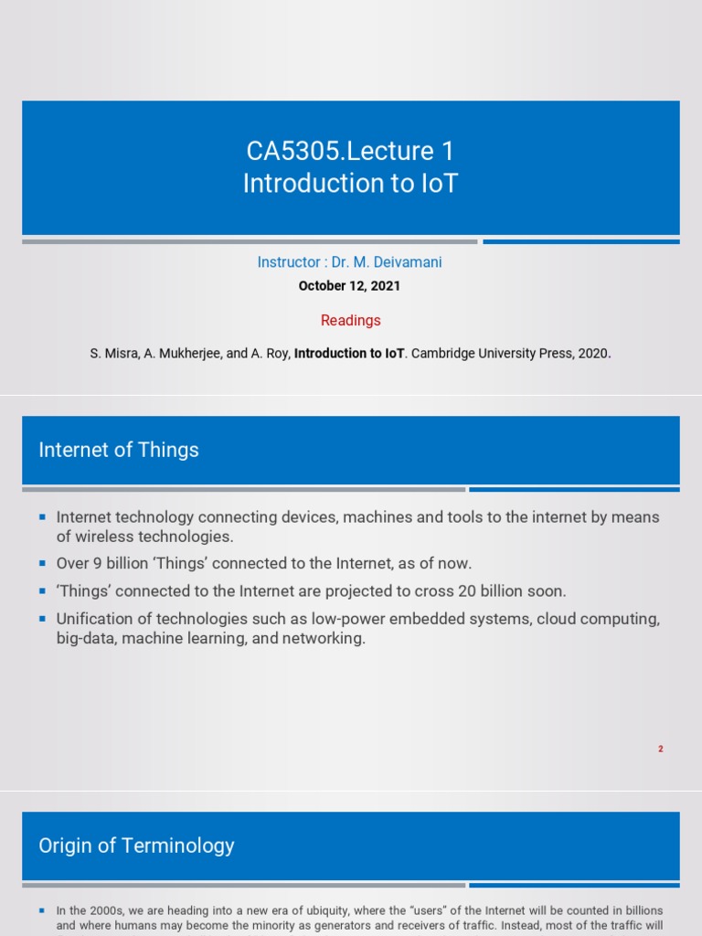 Ca5305.Lecture 1 Introduction To Iot: Instructor: Dr. M. Deivamani | PDF | Internet Of Things ...