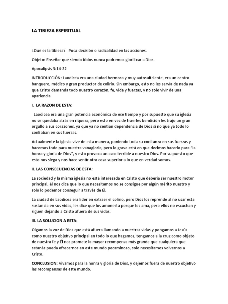 La Tibieza Espiritual y Su Consecuencia | PDF
