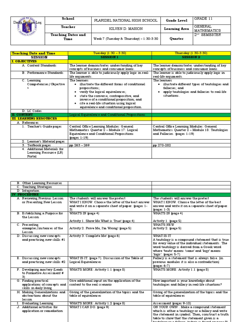 Daily Lesson Log Plaridel National High School Grade 11 Kilven D ...