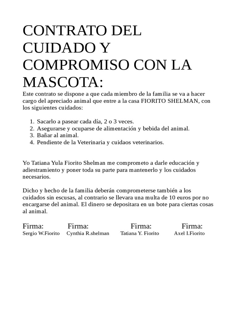 Contrato Del Cuidado Y Compromiso Con La Mascota | PDF