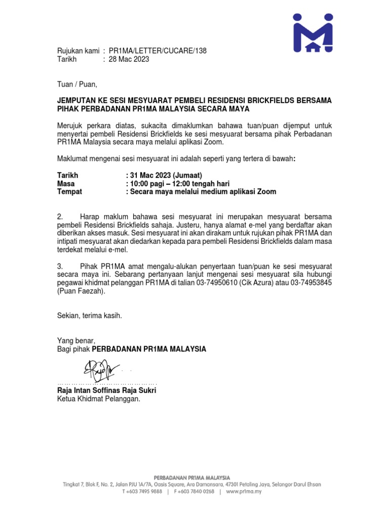 Surat Jemputan Ke Sesi Mesyuarat Pembeli Residensi Brickfields Bersama ...