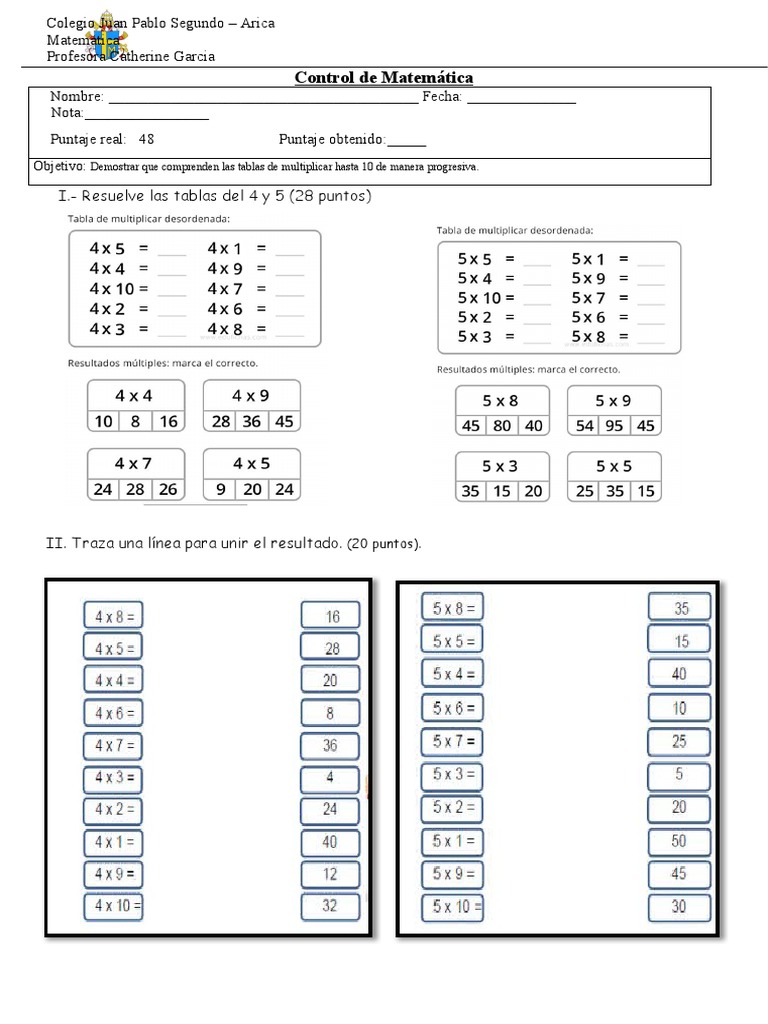 Control Tablas de Multiplicar 5 º (4y 5) | PDF | Métodos y materiales ...