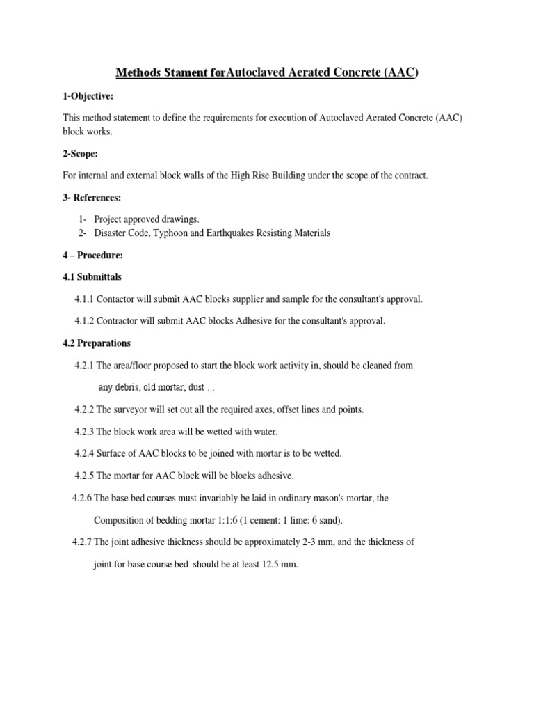 AAC-Block-Works-Method-Statement (Nat Research) | PDF | Masonry | Concrete