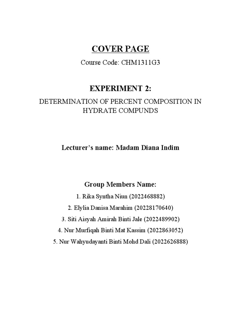 Lab Report DETERMINATION OF PERCENT COMPOSITION IN HYDRATE COMPUNDS ...