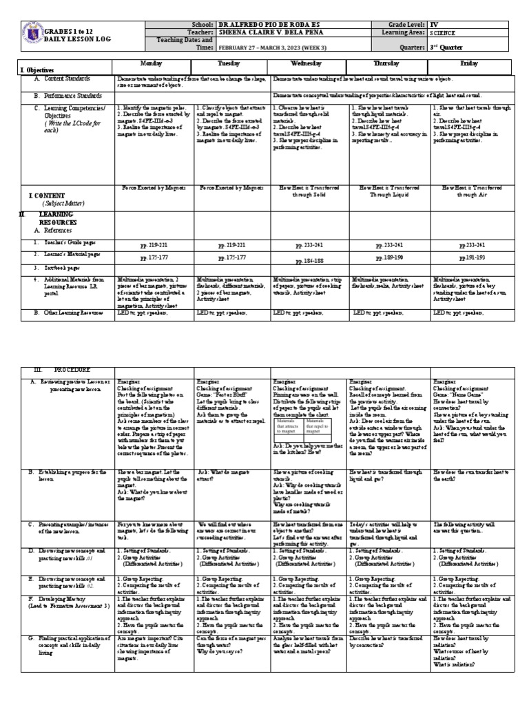 Grade 4 DLL SCIENCE 4 Q3 Week 3 | PDF | Heat | Magnet