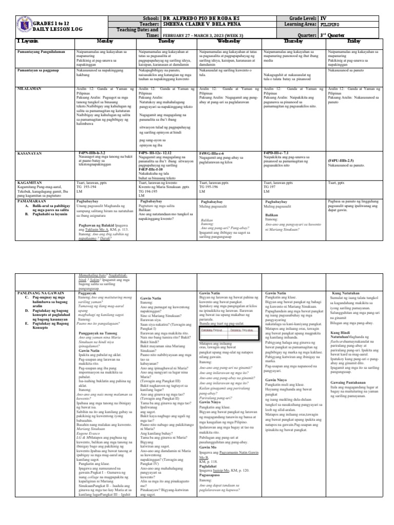 Grade 4 DLL FILIPINO 4 Q3 Week 3 | PDF