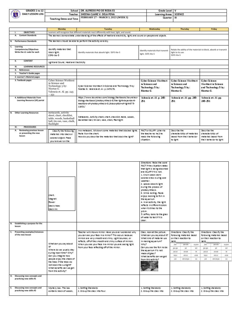 Grade 5 DLL SCIENCE 5 Q3 Week 3 | PDF | Mirror | Light