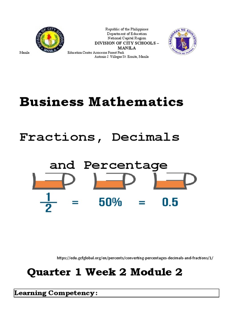Business Mathematics Fractions, Decimals and Percentage: Quarter 1 Week 2 Module 2 | PDF ...