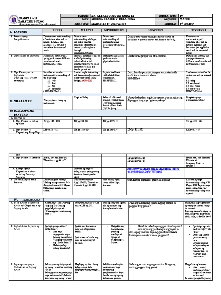 Grade 4 DLL MAPEH 4 Q3 Week 5 | PDF | Musical Instruments | Performing Arts