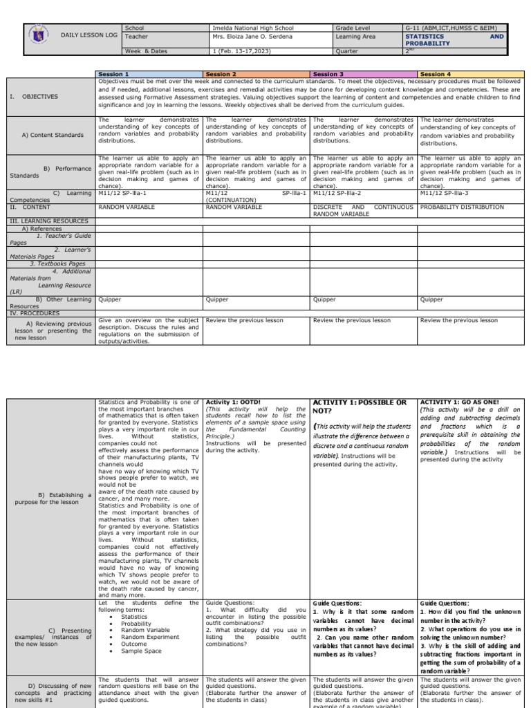 Session 1 Session 2 Session 3 Session 4: Statistics AND Probability | PDF | Probability ...
