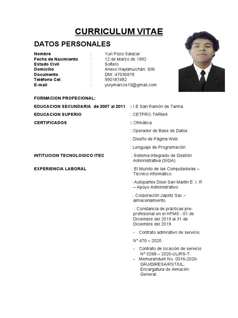 Currículum vitae de Yuri Pozo Salazar, técnico informático con experiencia en almacenamiento y ...